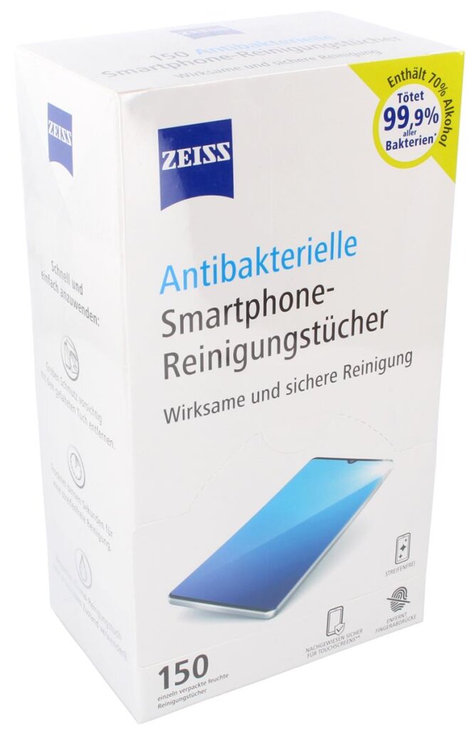 ZEISS Smartphone-Reinigungstücher Antibakterielle 150 Stk. mit 70% Al